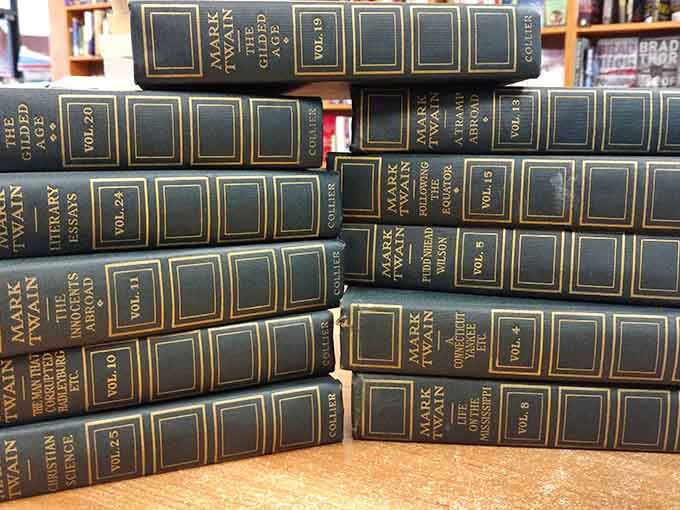 Mark Twain's complete works bound in leather, looking distinguished enough to impress even the most discerning library.