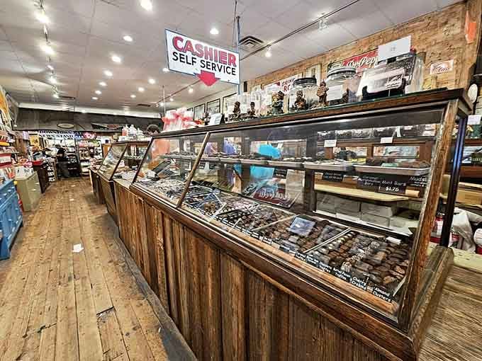 Glass display cases showcase premium chocolates like jewelry, because sometimes candy deserves the royal treatment it's getting here.