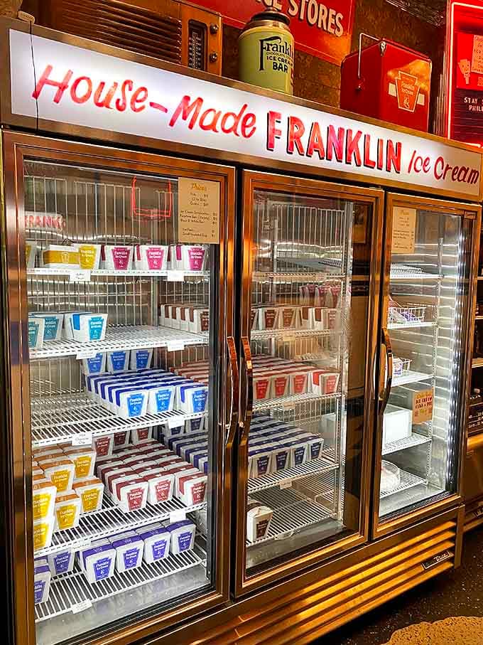 Rows of house-made ice cream waiting patiently in their freezer like contestants on a very delicious game show.