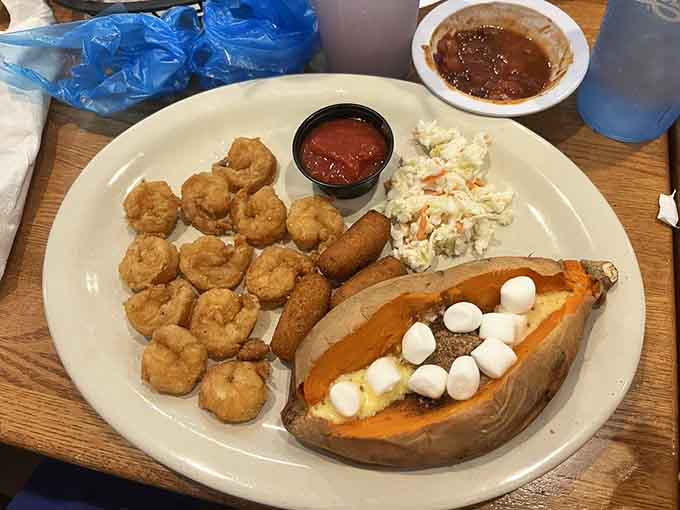 Fried shrimp meets loaded sweet potato in a combination that's both surf and turf without the pretension or hefty price tag.