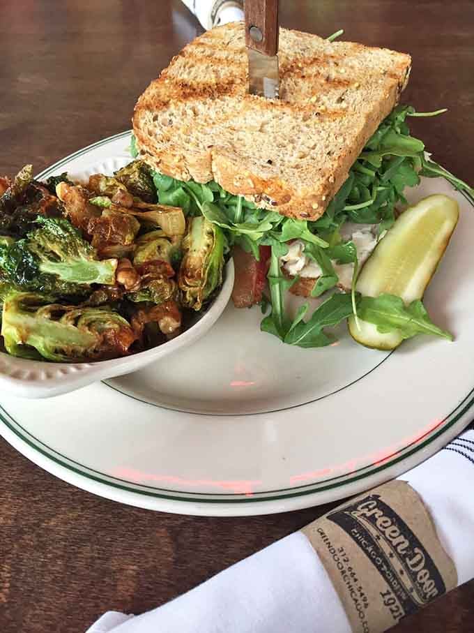 A hearty turkey sandwich paired with Brussels sprouts that might actually convert the vegetable skeptics among us to believers.