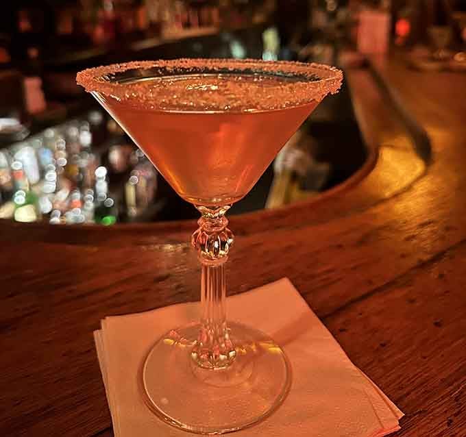 A cosmopolitan with sugared rim, because sophistication and a little sparkle never go out of style here.