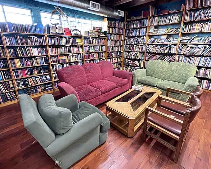 Mismatched couches invite you to settle in and sample your finds before committing.