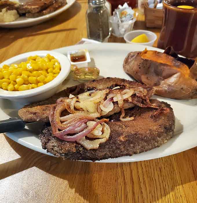 Liver and onions with a baked potato proves they're not afraid to serve what grandma actually ordered.