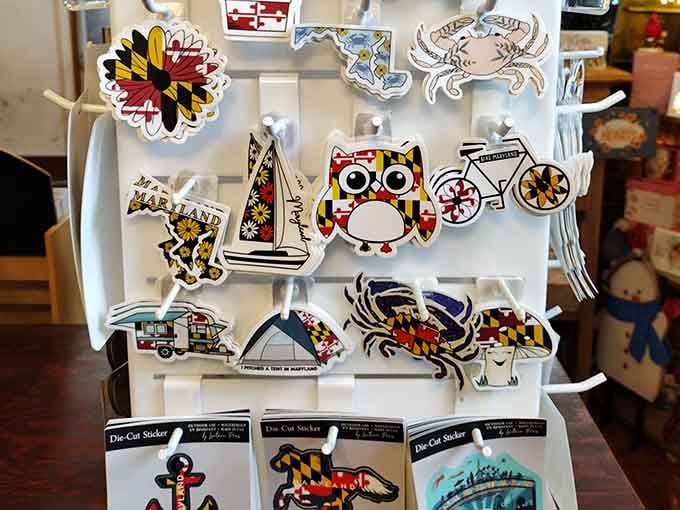 These Maryland-themed stickers featuring crabs and Black-Eyed Susans make perfect souvenirs from your chicken pilgrimage.