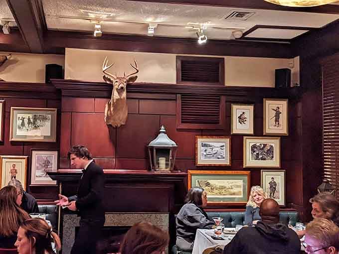Nothing says "fine dining" quite like a mounted deer head watching you enjoy your meal in this handsome space.