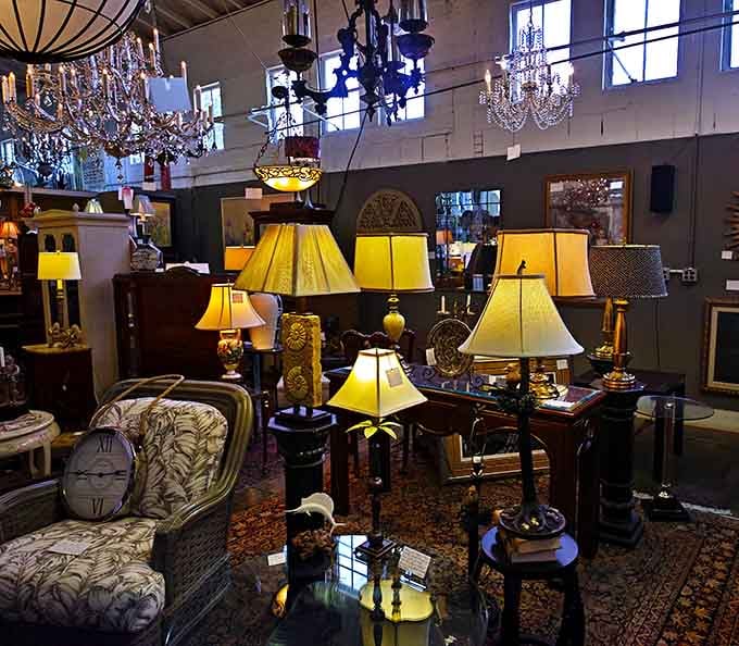 Vintage lamps and chandeliers creating an illuminated wonderland that transforms ordinary lighting into conversation-starting art pieces.