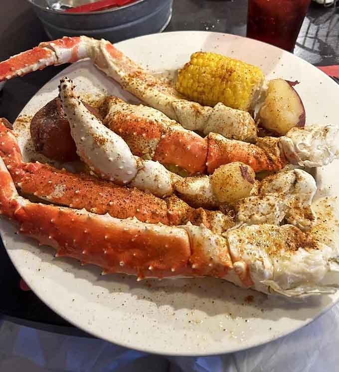 King crab legs that require both hands, a bib, and absolutely zero shame about making a mess.