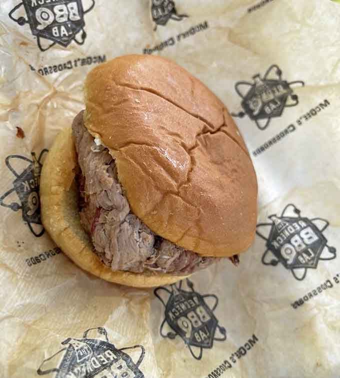 Simple bun, serious meat, the kind of pulled pork sandwich that makes you forget about fancy dining entirely.