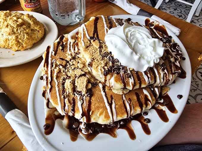 These pancakes are dressed up fancier than most wedding cakes, and they taste even better than they look somehow.