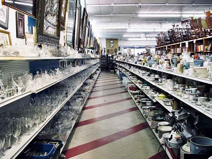 Glassware stretching down the aisle like a crystal canyon, each piece catching light and possibility equally.