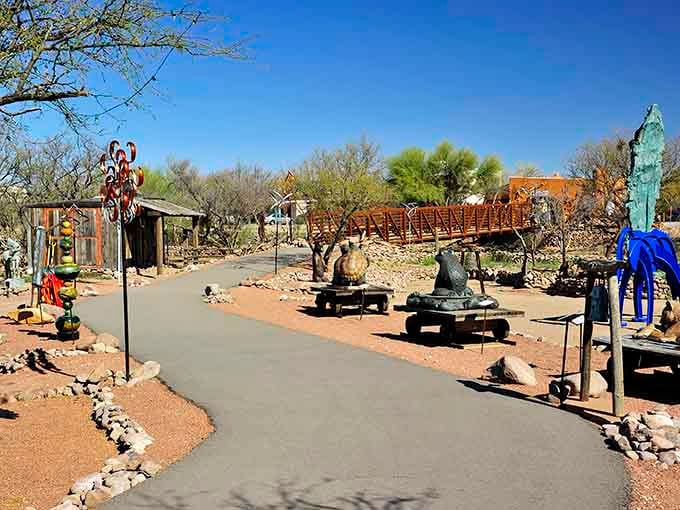 Sculpture gardens where metal meets mesquite, creating an outdoor museum under endless Arizona blue.