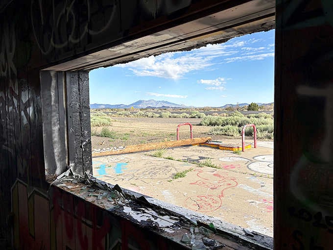 Looking out from inside, you see the vast desert landscape that once drew travelers here.