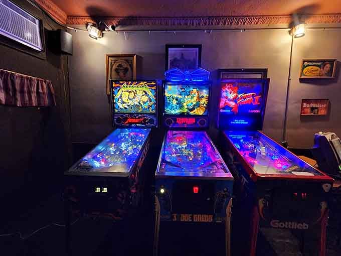 Classic pinball machines light up a game room where entertainment has always been delightfully analog.