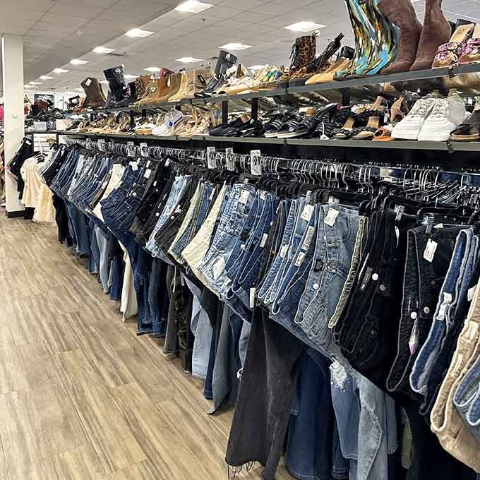 A denim wall that would make any jeans enthusiast weep tears of joy and fiscal responsibility combined.