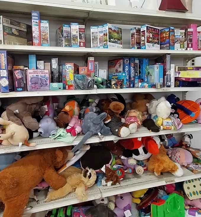 Board games and plush toys stacked high, ready to create memories without creating debt in the process.