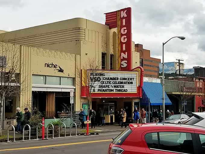 Kiggins Theatre's vintage marquee glows with old-school Hollywood glamour, when movie palaces actually looked like palaces, not warehouses.