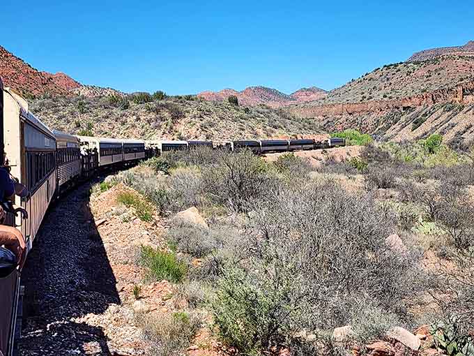 The train curves through wilderness that makes you grateful someone else is handling the navigation and engineering.