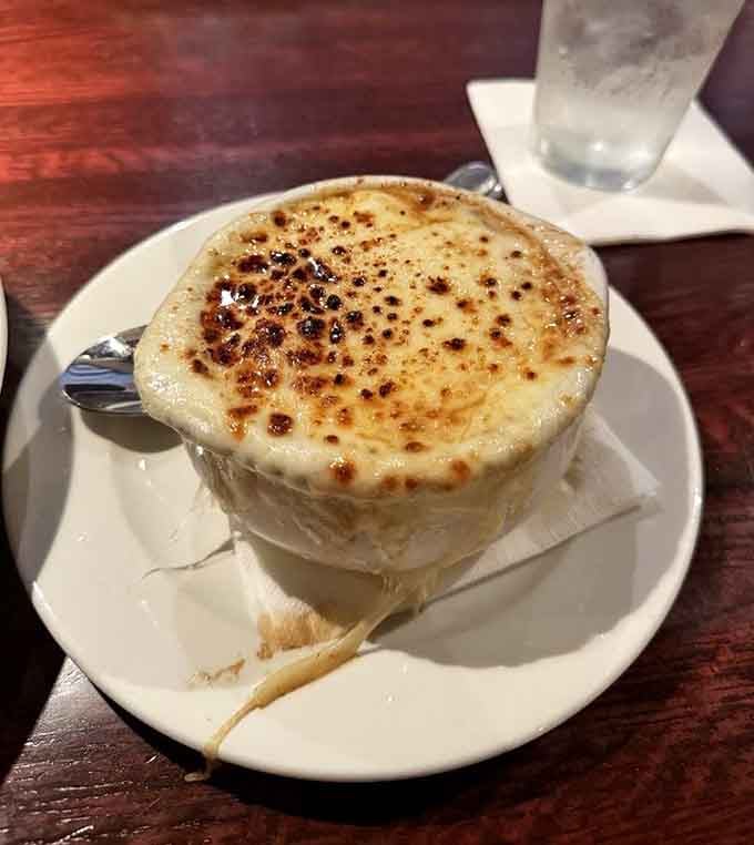 French onion soup with that gloriously melted cheese blanket we all dream about on cold nights.
