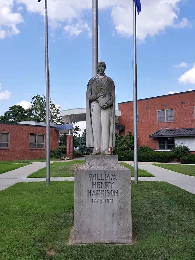 William Henry Harrison's statue stands watch, probably wondering what happened to all the horse-drawn carriages he remembered.