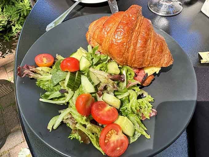That flaky croissant sandwich paired with fresh greens is proof that the French really did know what they were doing.