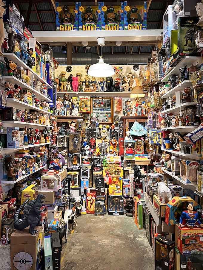 West End Garage's interior shows a variety of toys, now welcoming treasure hunters of all ages instead of car owners seeking repairs.