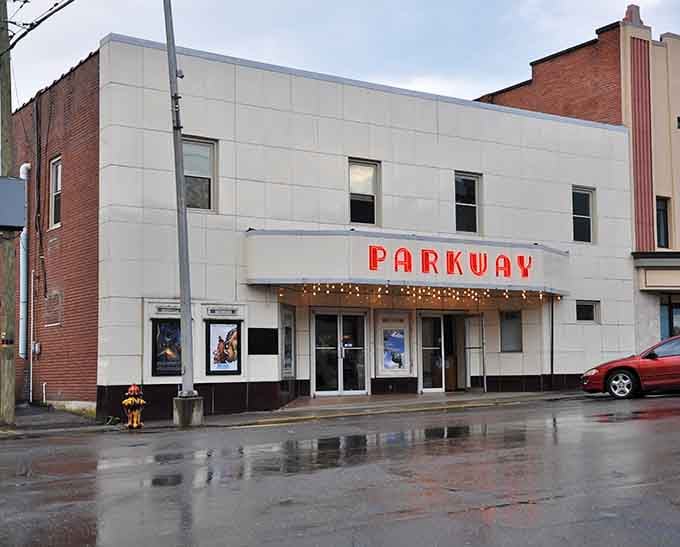 The Parkway Theater's vintage marquee recalls when movie nights meant community gathering, not streaming alone.
