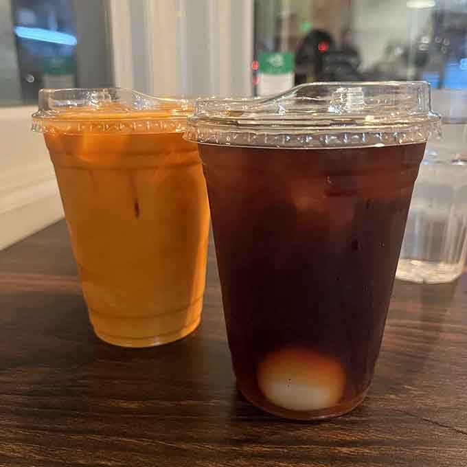 Thai tea and lychee black tea, because choosing just one beverage is for people with more willpower than us.
