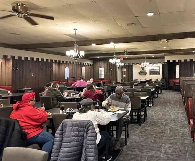 Real people enjoying real meals in a dining room that feels welcoming, not intimidating or overly precious.
