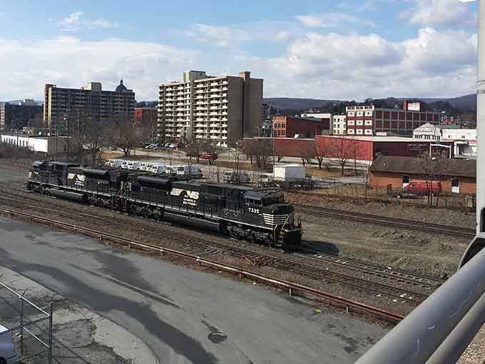 Altoona&rsquo;s industrial character shines through in this photo where you can watch locomotives roll past the city skyline.