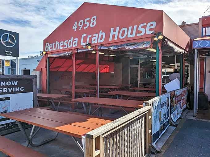 Picnic tables under the awning mean you can enjoy your feast while soaking up the fresh air.