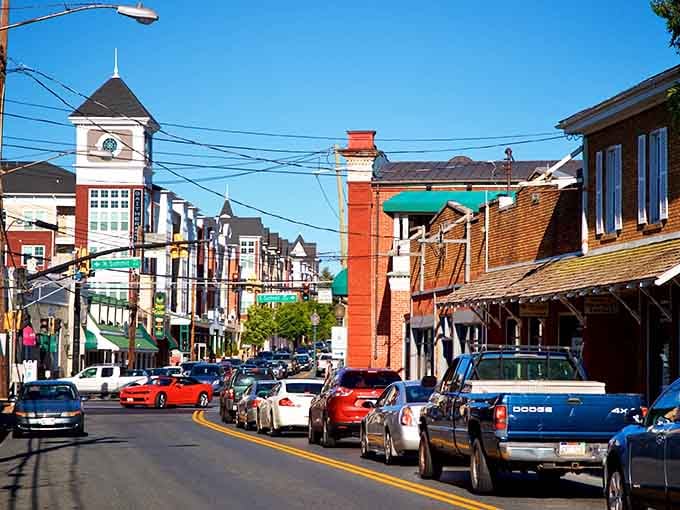 Victorian architecture meets modern commerce where every turret and awning tells a different story along this bustling street.