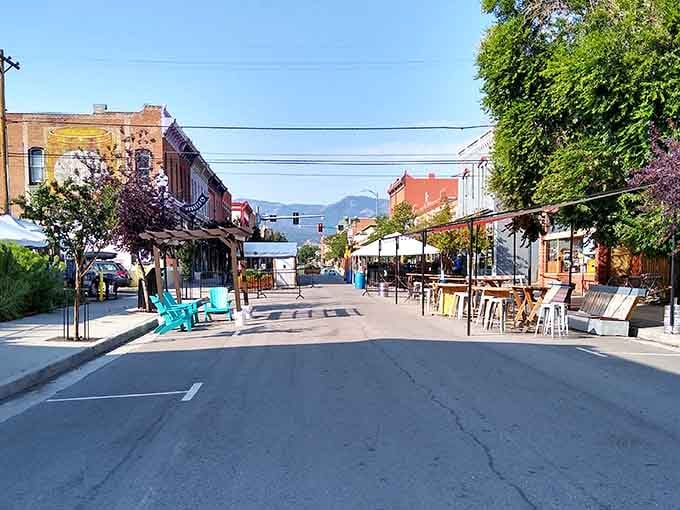 Colorful chairs dot Salida's pedestrian-friendly downtown where mountain views frame every coffee break and casual stroll through town.