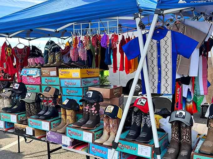 Boots lined up like a country-western chorus line, ready to two-step right into your closet this afternoon.