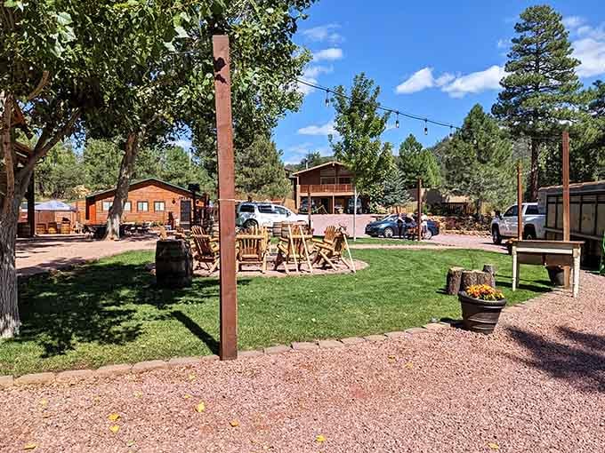 String lights and rustic wood cabins create that mountain town magic where every corner feels like a postcard.