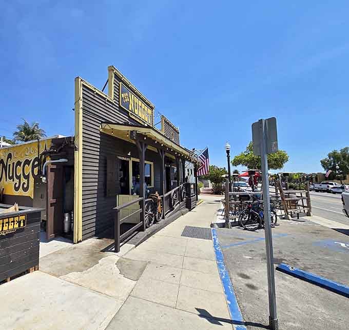 Old West storefronts bask in California sunshine where the only thing missing is Clint Eastwood riding through on horseback.