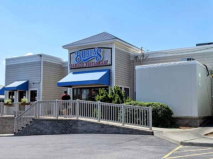 Bright daylight reveals the welcoming ramp and entrance, promising accessible seafood dining without pretension or fuss whatsoever.