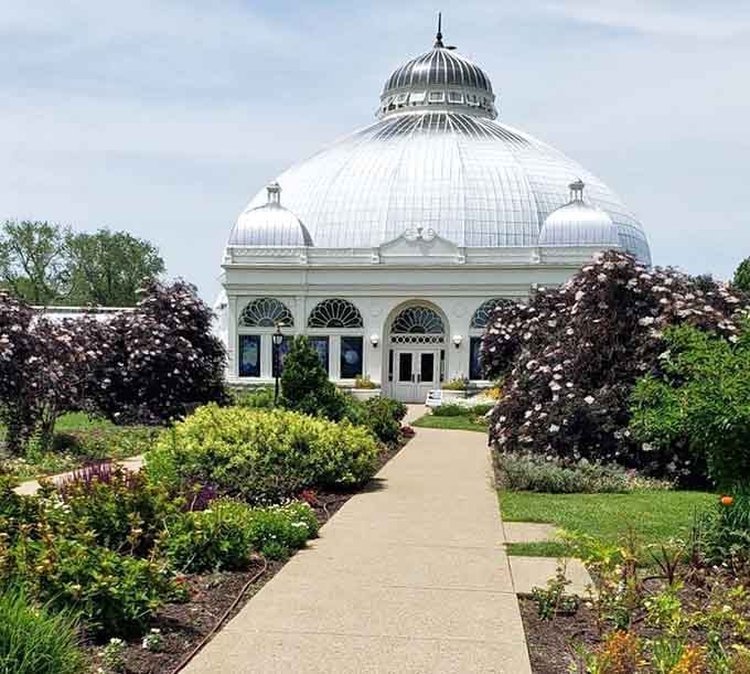The grand glass dome rises like a Victorian palace, promising tropical wonders and exotic blooms inside.