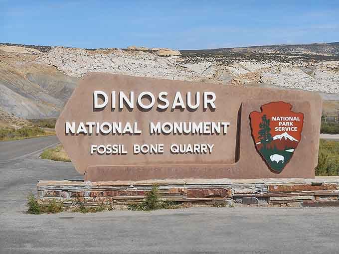 Where dinosaurs once roamed, this sign now welcomes modern explorers to one of paleontology's greatest treasures.