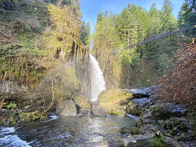 Take a walk on the wild side across this suspension bridge where the misty basalt rocks meet evergreen perfection.