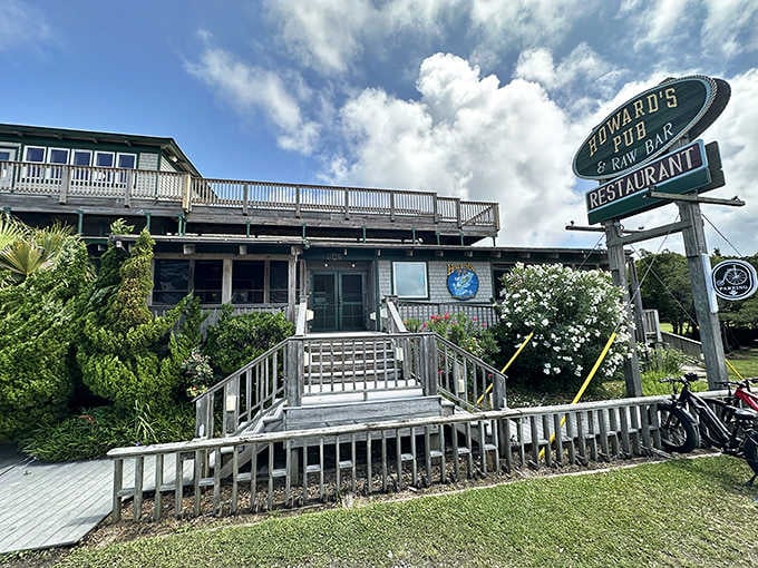 The vintage sign and sprawling deck promise cold drinks, hot seafood, and that unmistakable Ocracoke island atmosphere.