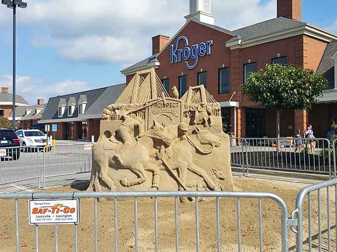 Even the grocery store gets artistic here&mdash;that sand sculpture brings Derby spirit right to the parking lot, no admission required.
