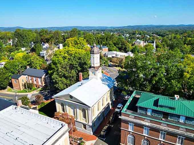 From above, the church steeple rises like a compass point, anchoring this community in tradition and timeless beauty.