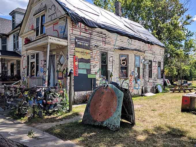 Weathered wood meets wild creativity where found objects transform a Detroit street into an unforgettable outdoor gallery.