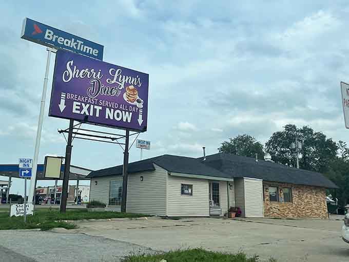 That purple sign isn't just advertising breakfast—it's making a promise that'll change your entire day for the better.