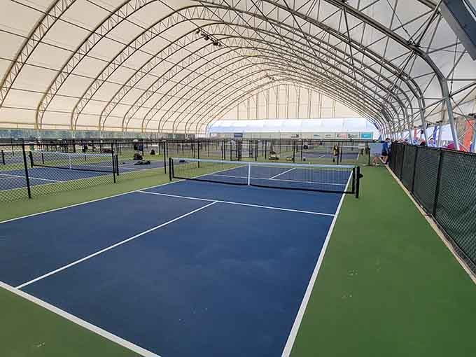 Behold the cathedral of pickleball, where perfectly lined courts await your serve rain or shine, sleet or hail.