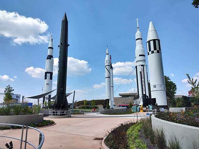 These towering rockets standing sentinel under Alabama skies prove we've come a long way from bottle rockets.