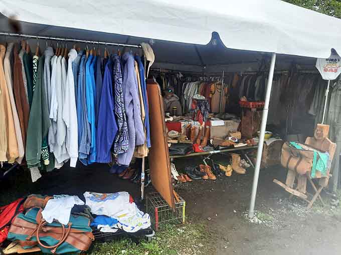 Vintage threads hanging under canvas, where fashion history meets your weekend wardrobe in the best possible way.