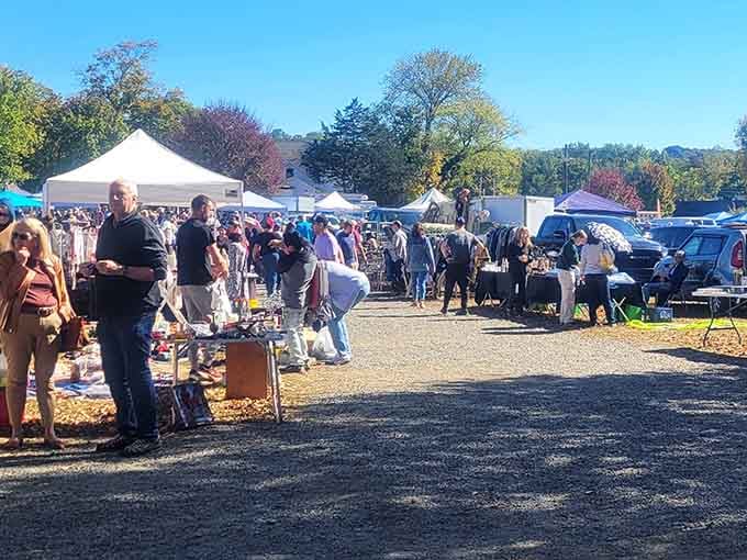 Early morning treasure hunters gather under autumn skies, ready to discover yesterday's forgotten gems at unbeatable prices.