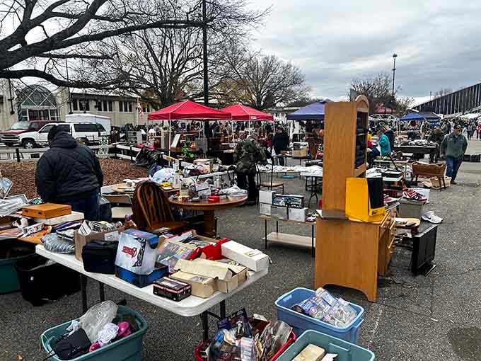 Winter shopping means bundled-up bargain hunters navigating a wonderland of miscellaneous treasures spread across open-air tables.